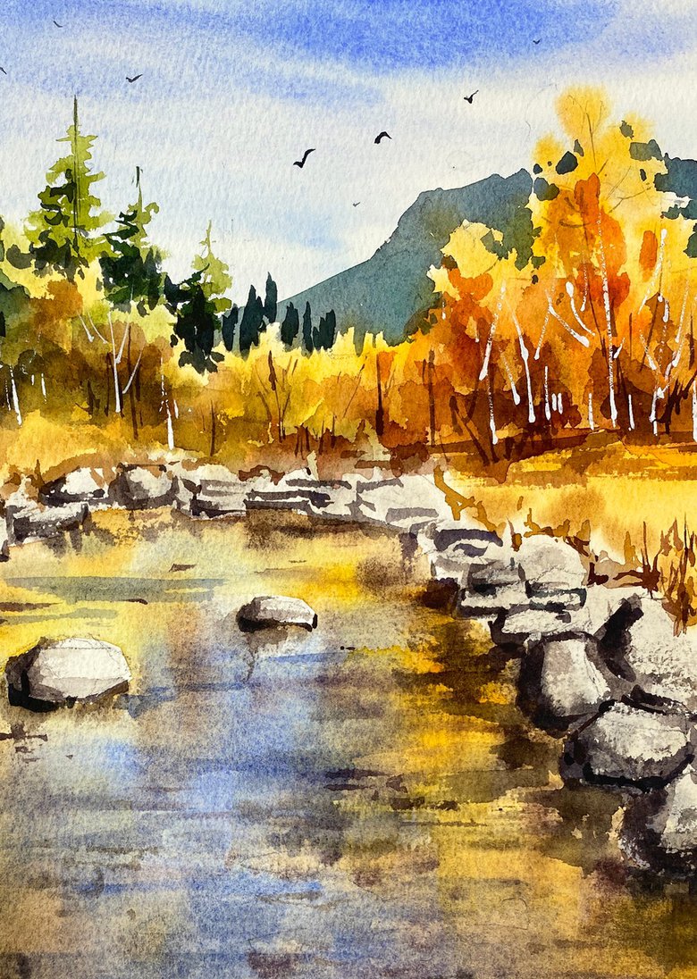 Autumn Flow by the Mountains Watercolour by Irina Povaliaeva | Artfinder