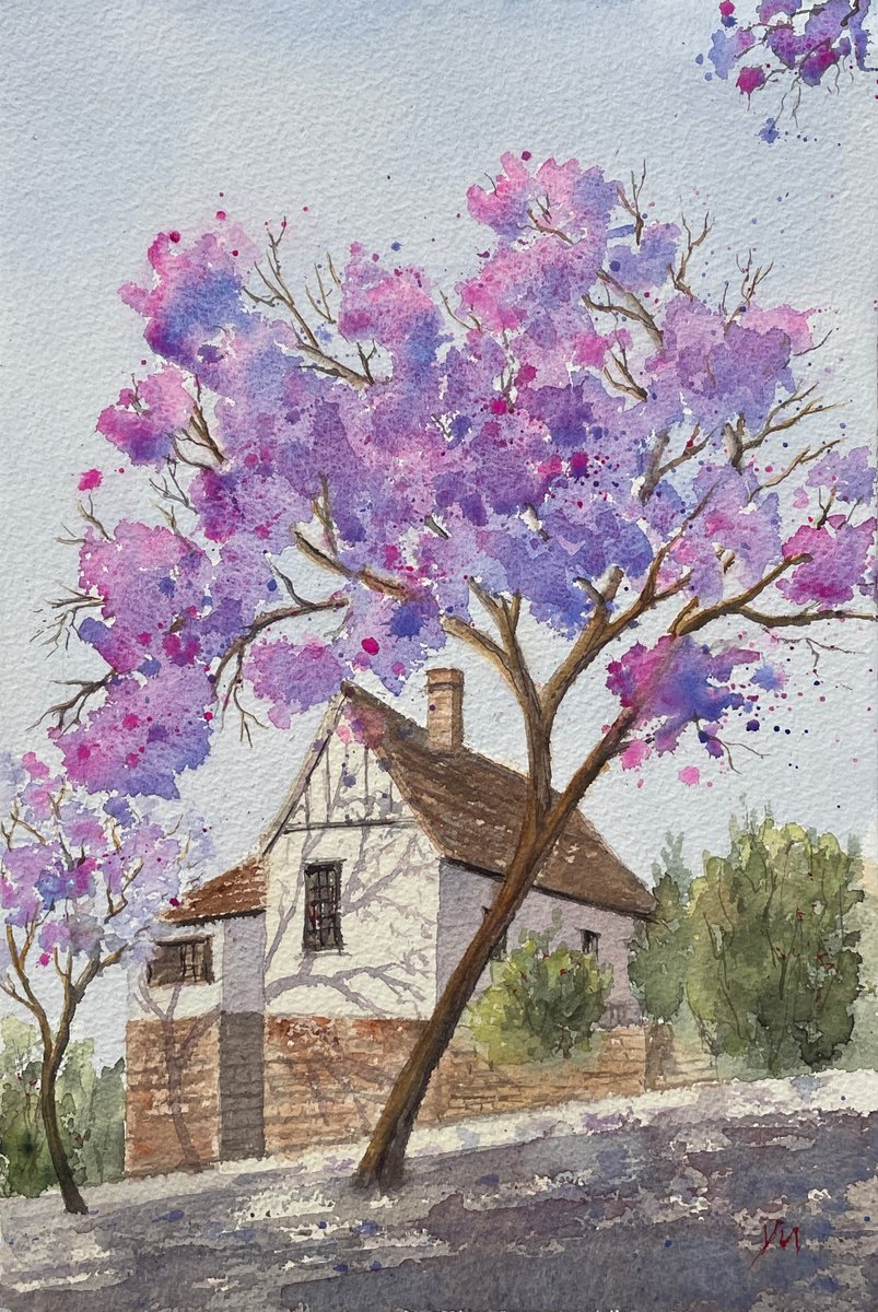 White House with Jacaranda Watercolour by Shelly Du | Artfinder
