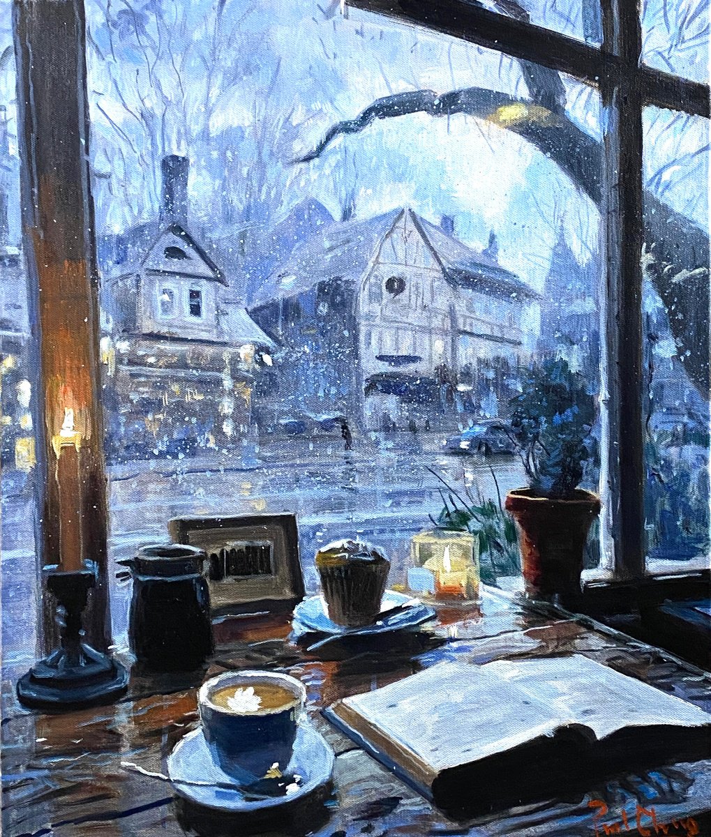 Rainy Day at Cafe Acrylic painting: Paul Cheng | Artfinder