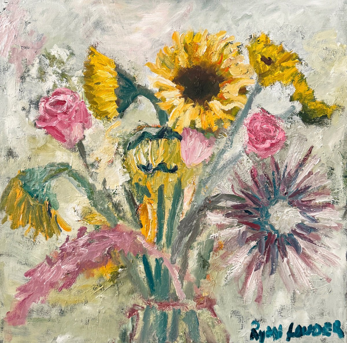 Sunflowers Roses And Proteas Oil painting: Ryan Louder | Artfinder