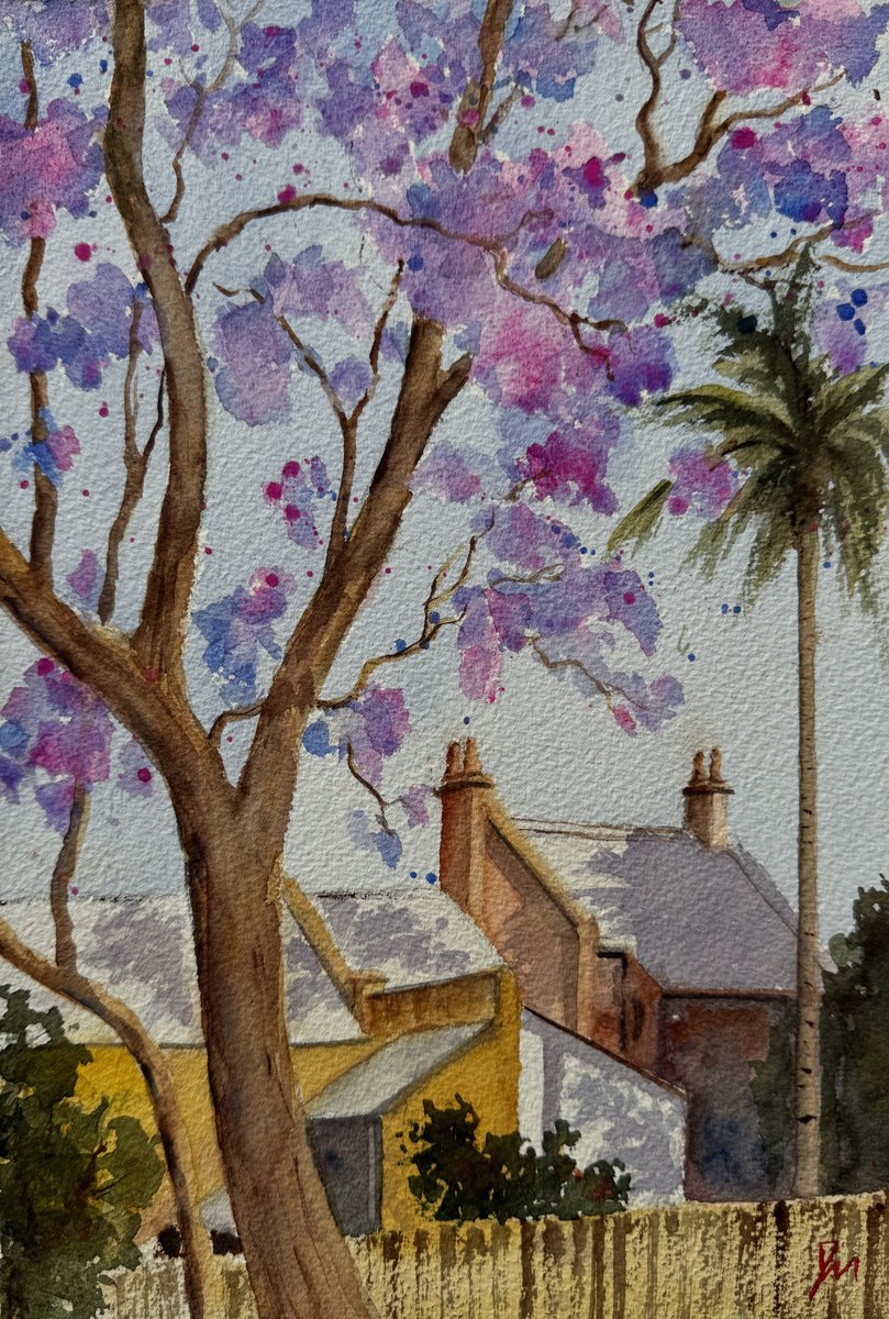 Jacaranda and yellow houses Watercolour by Shelly Du | Artfinder