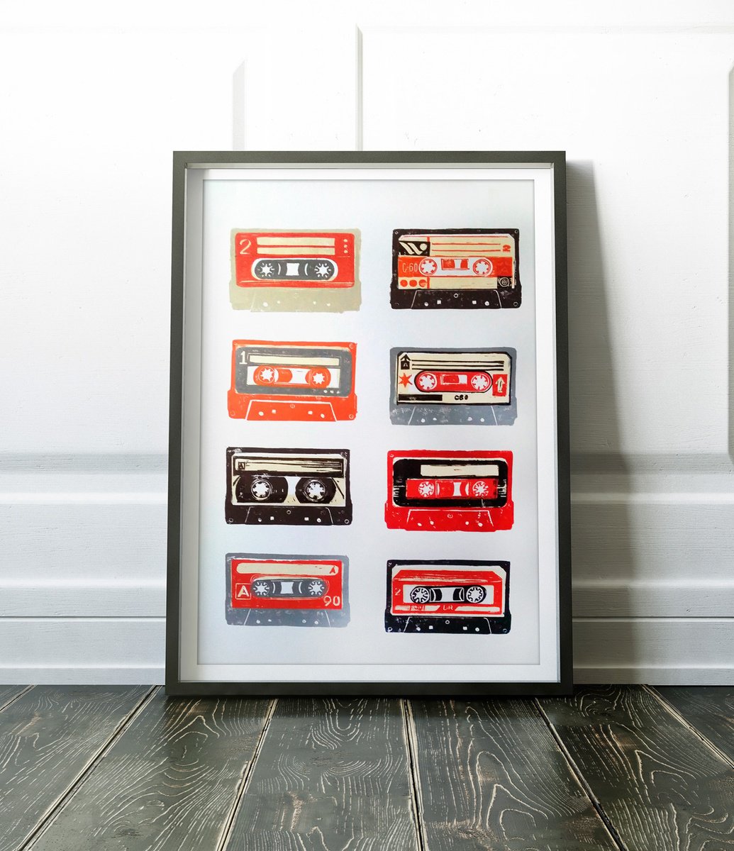 Linocut cassette tapes #63 Monoprint: Carolynne Coulson | Artfinder