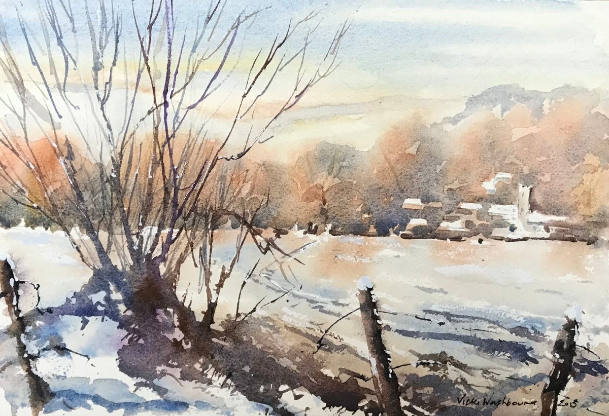 Sleepy village in the snow Watercolour: Vicki Washbourne | Artfinder