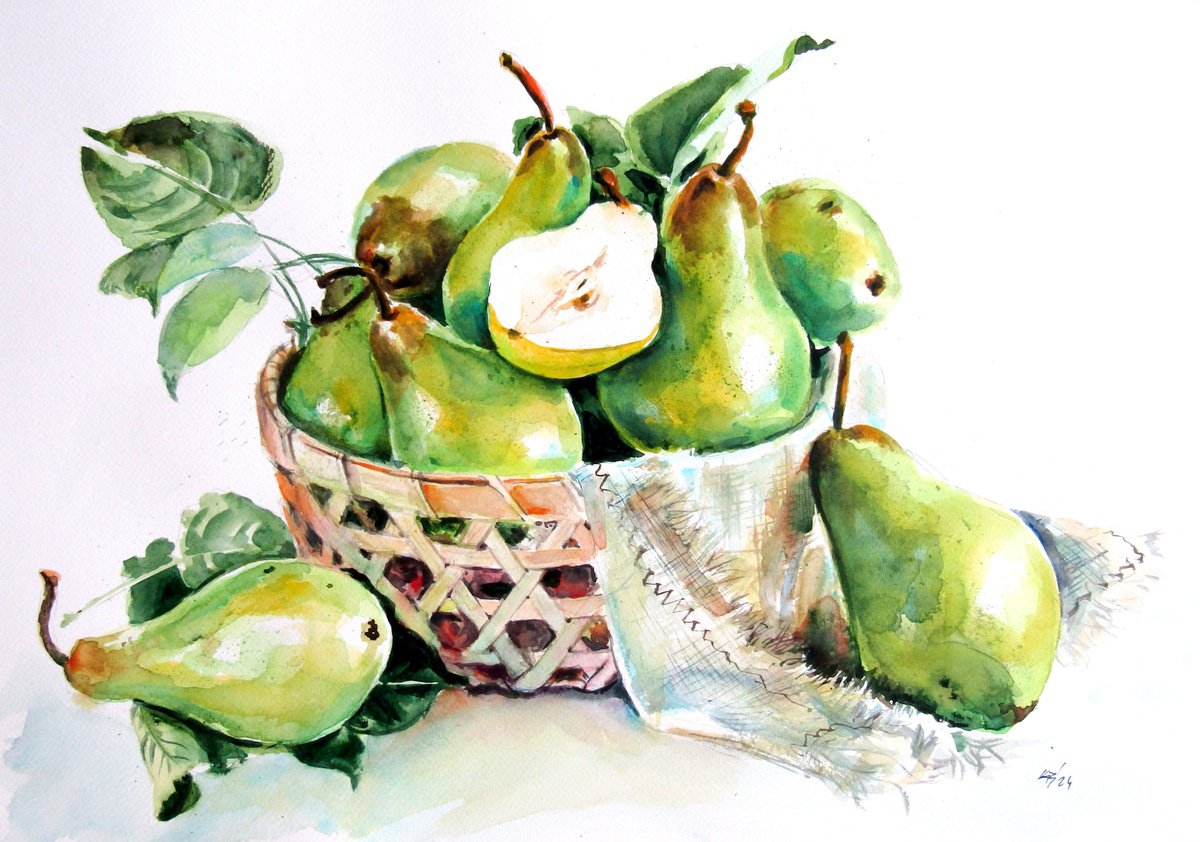 Sill life with green pears Watercolour: Kovács Anna Brigitta | Artfinder