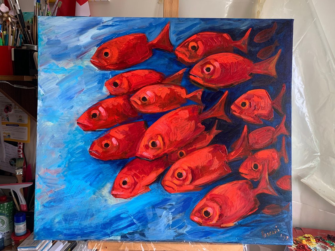Original Oil Painting - Goldfish Off-axis. by Olga Pascari