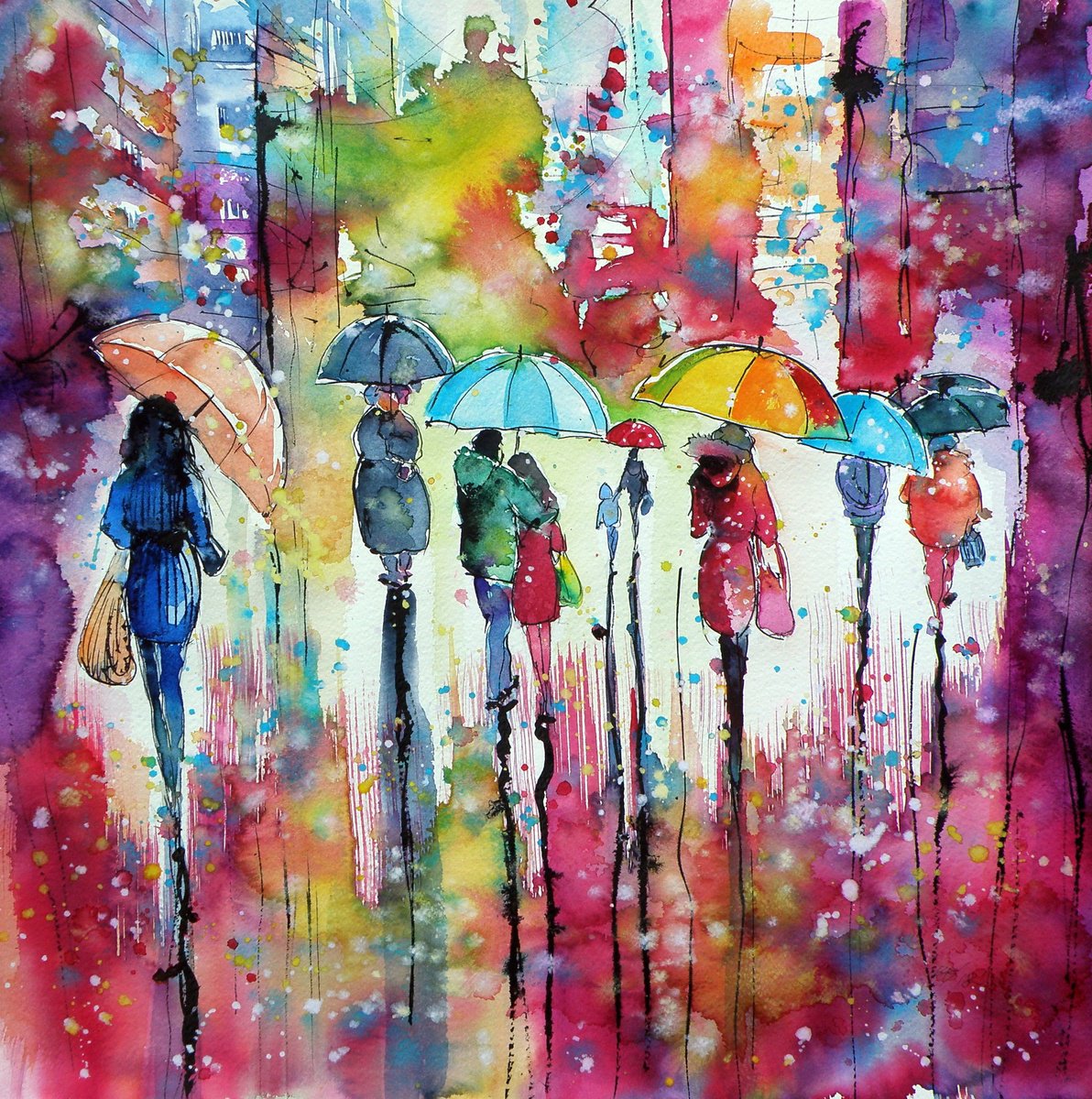 Original Watercolour - Rain, Colors, People... II by Kovács Anna Brigitta