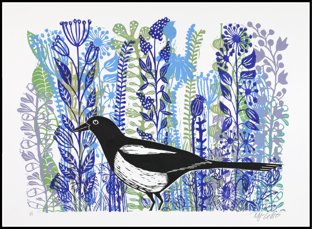 Magpie Summer Linocut by Mariann Johansen-Ellis | Artfinder