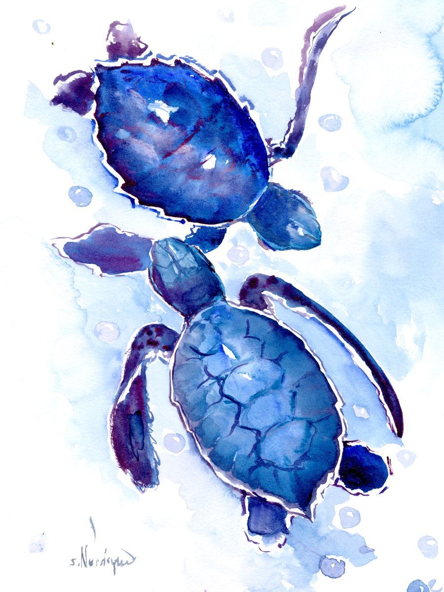 Sea Turtles Swimming Watercolour by Suren Nersisyan | Artfinder