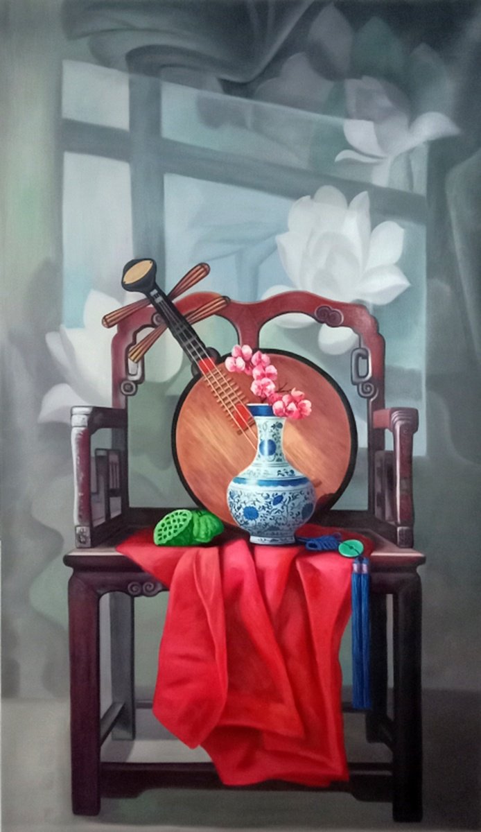 Still life：Chinese China with Chinese lute on the chair Oil painting ...