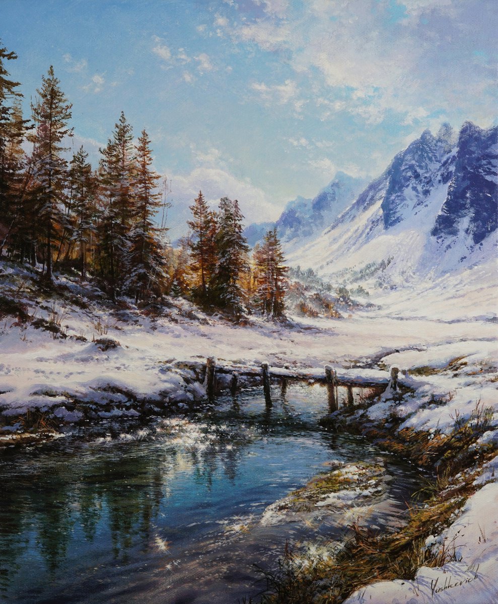 Bridge amid winter`s whispers Acrylic painting: Viktar Yushkevich YUVART | Artfinder