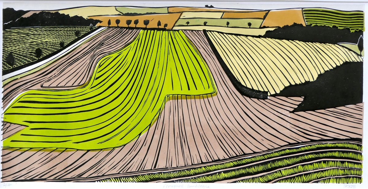 Ploughed Landscape Linocut: Keith Alexander | Artfinder