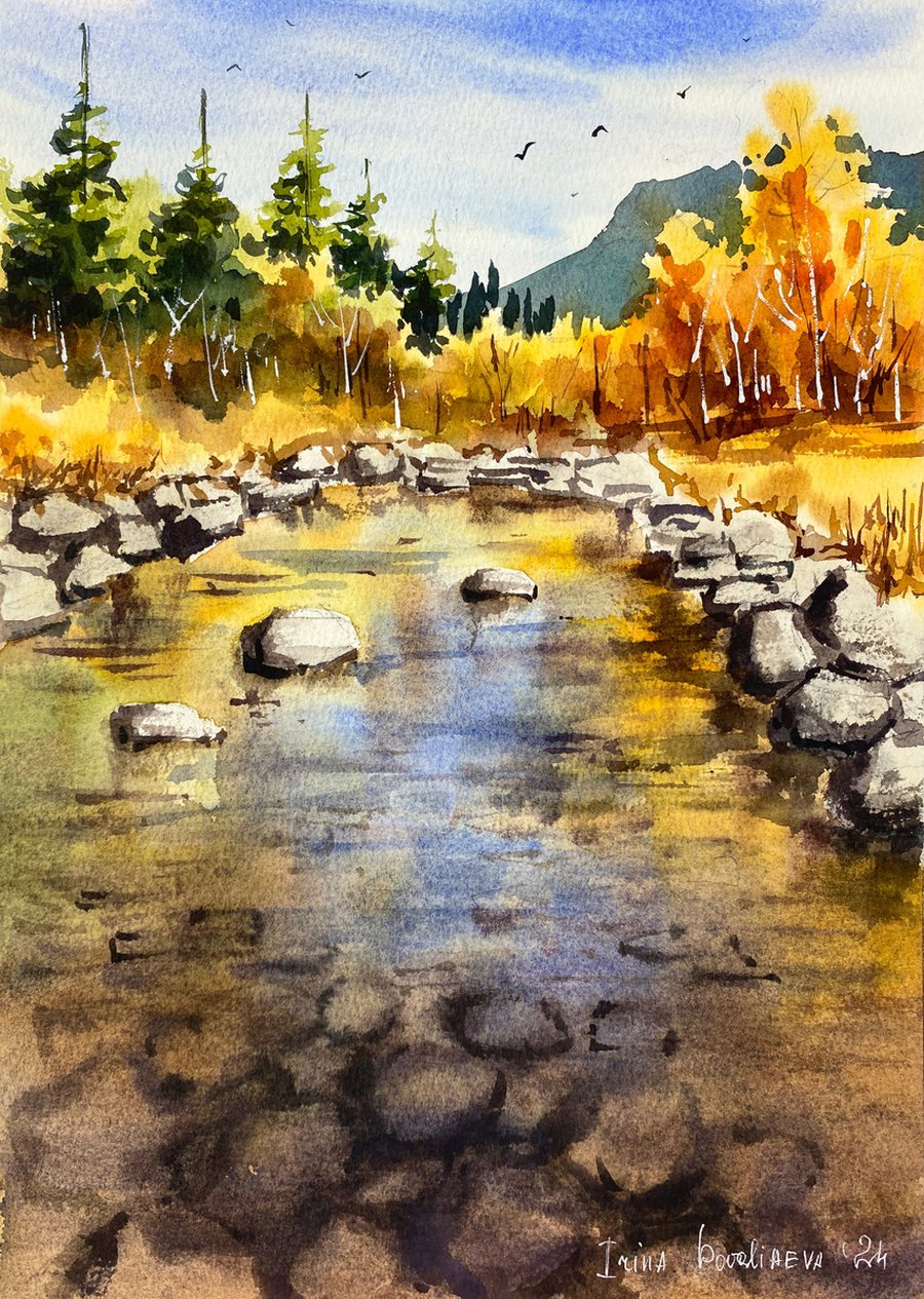 Autumn Flow by the Mountains Watercolour by Irina Povaliaeva | Artfinder