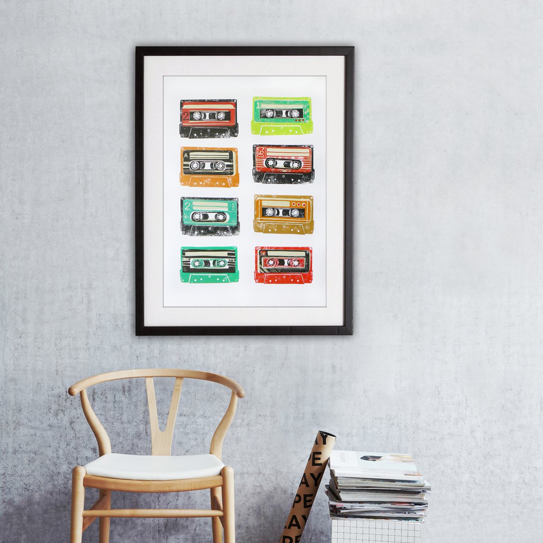 Linocut tapes #14 (cassette tapes, retro music, 70's, 80's rock culture ...