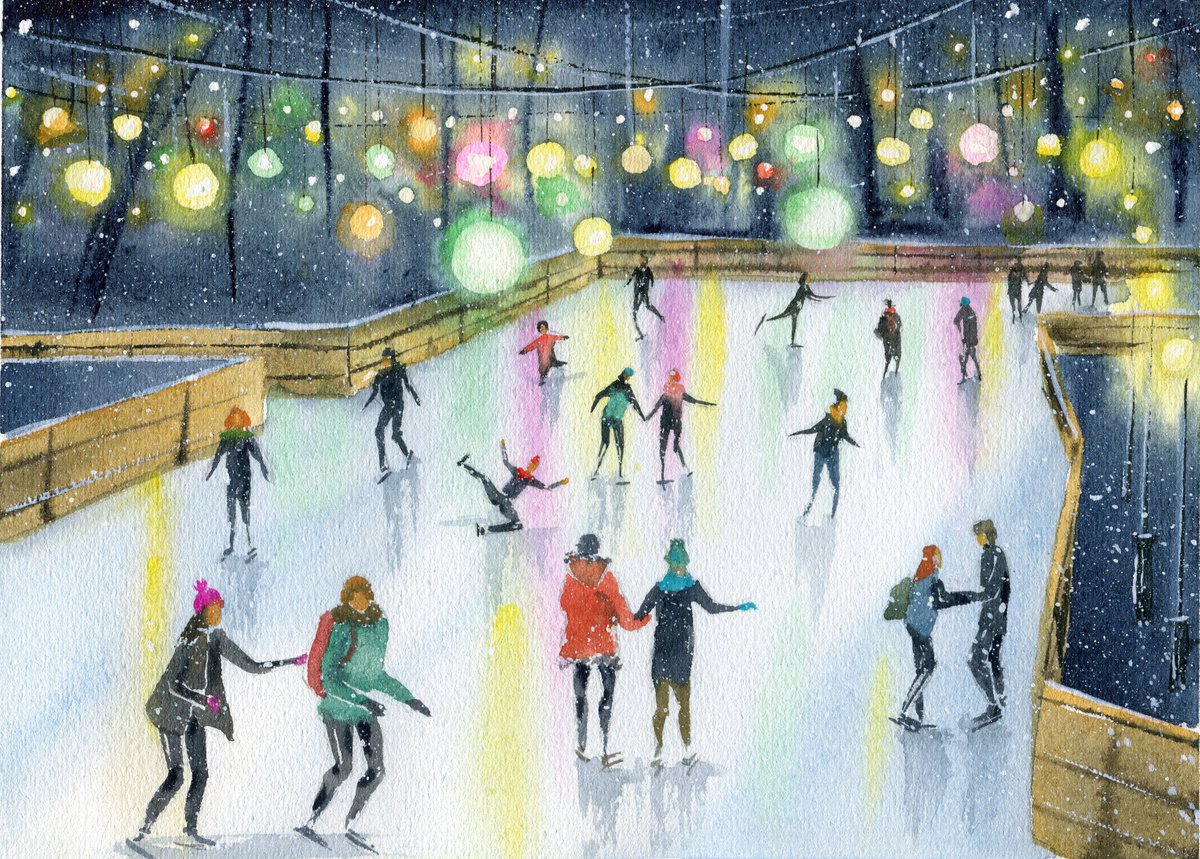 Ice skating rink in Gorky Park. Watercolour: Evgeniya Mokeeva | Artfinder