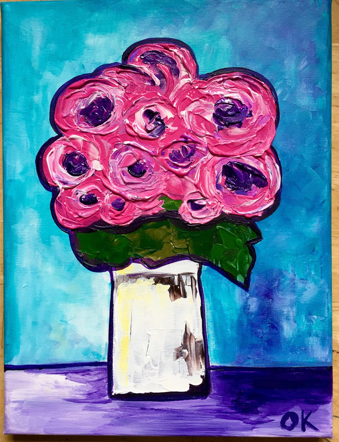 BOUQUET OF Pink Roses #9 palette knife Original Acrylic painting office ...