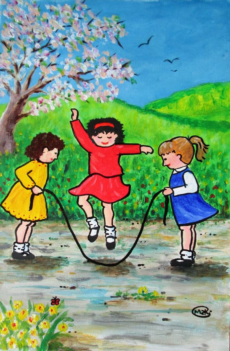 Girls playing in the Spring Acrylic painting: MARJANSART | Artfinder