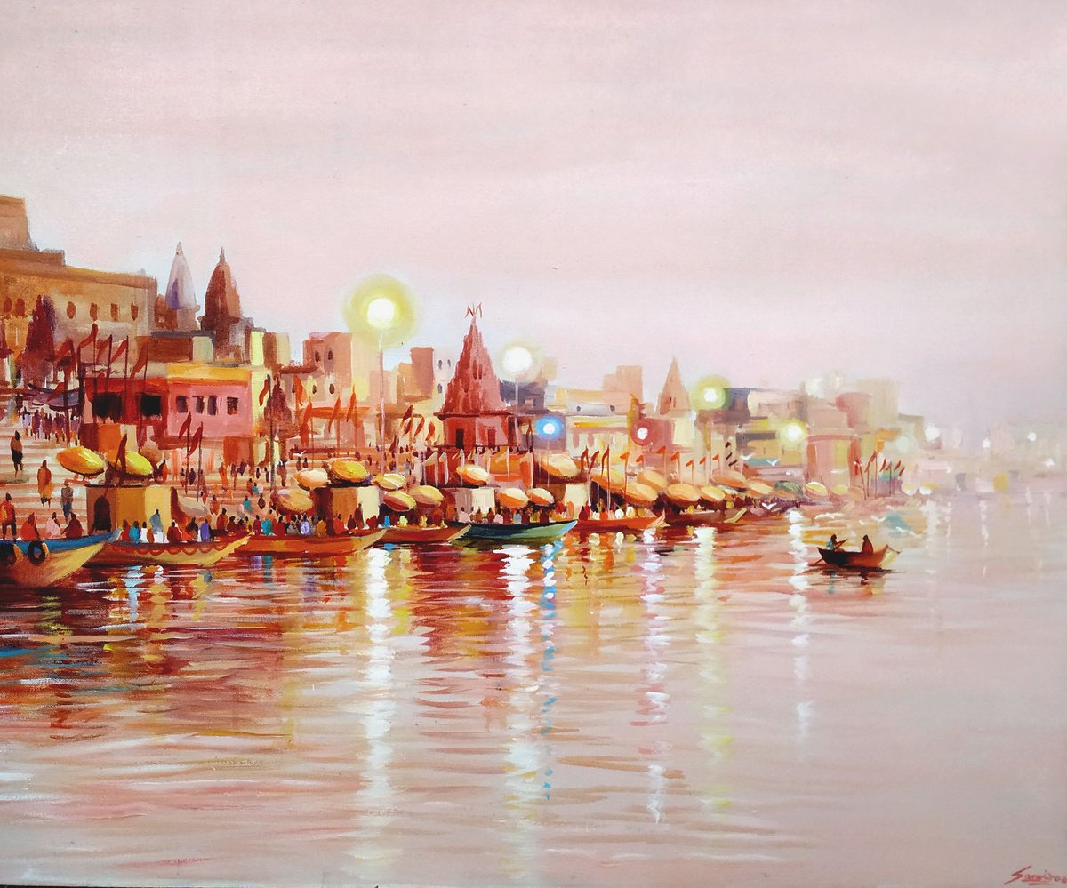 At Dawn Varanasi Ghats III Acrylic painting: Samiran Sarkar | Artfinder