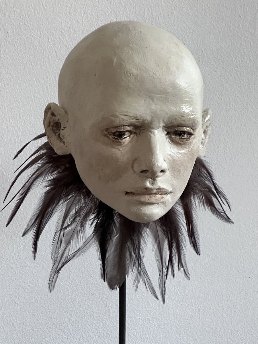 Ceramic Head with Feathers Clay sculpture by Aga Koncka | Artfinder