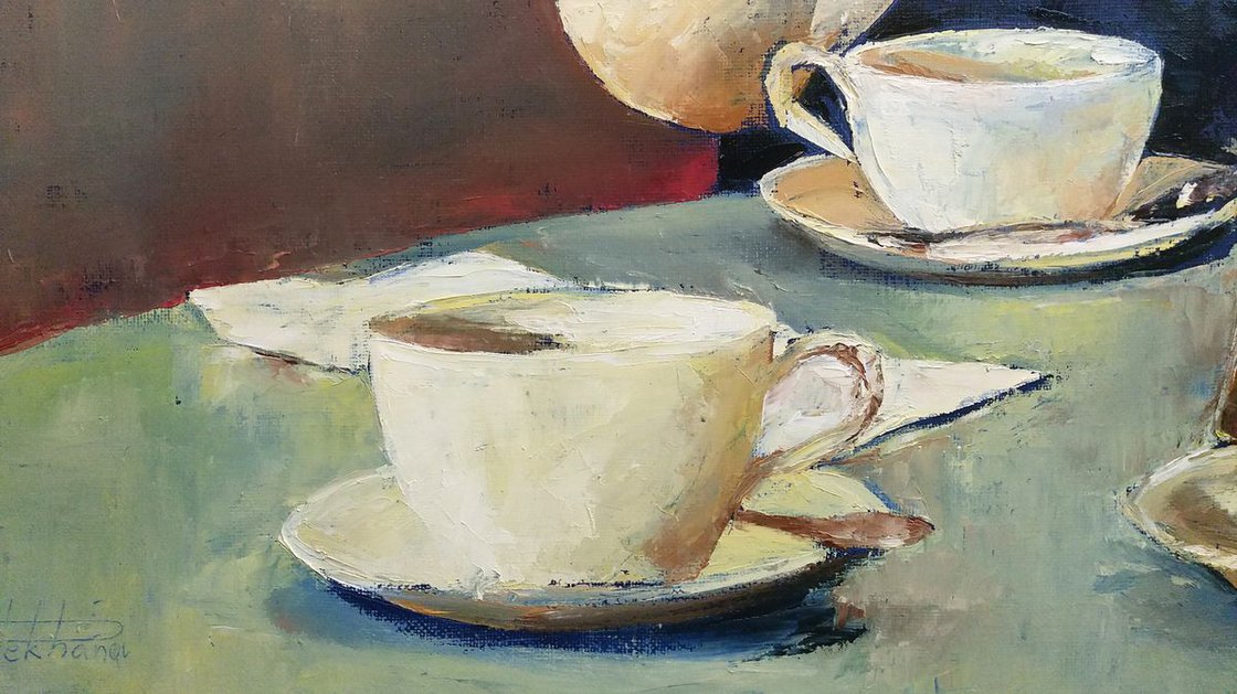 Tea time - still life with dishes, teapot and gentle touch Oil painting ...