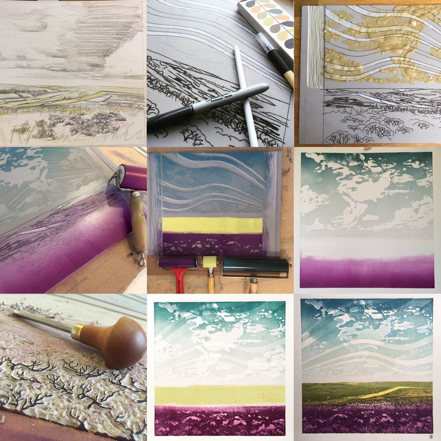 Big Sky over Westerdale Linocut: Susan Noble | Artfinder