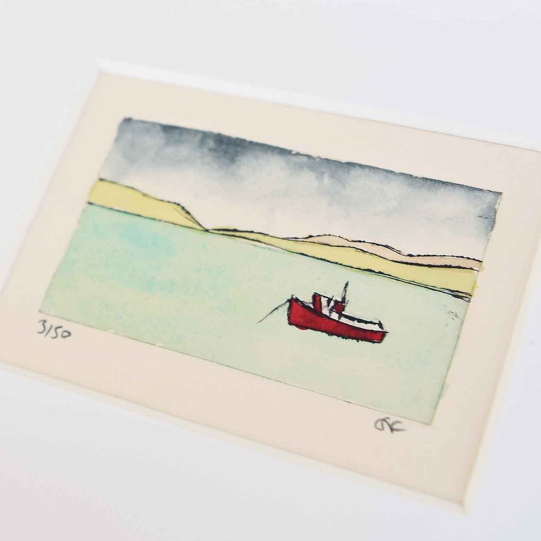 Small framed red fishing boat Collagraphs by Sally Fisher | Artfinder