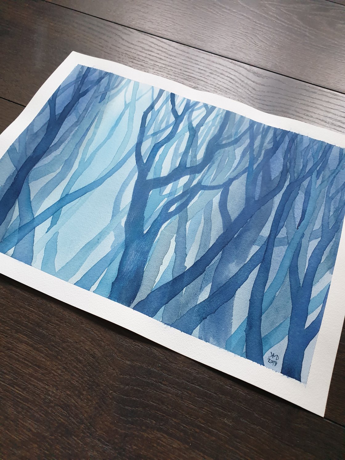Original Watercolour - Blue Midnight Trees Landscape by Ksenia June