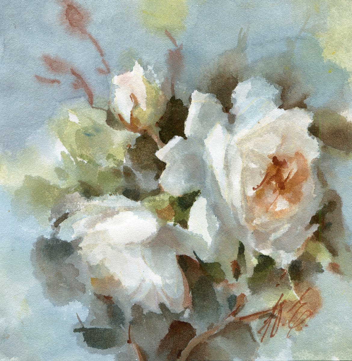 Light roses on a gray background Watercolour by Yulia Evsyukova | Artfinder