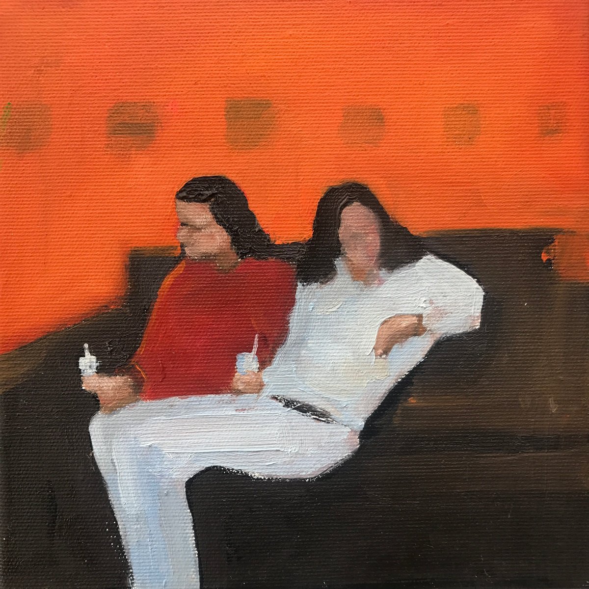 Friendship on couch Oil painting: Romuald Mulk Musiolik | Artfinder