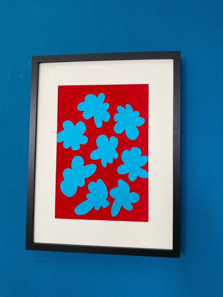 Original Collage - Blue Flower on Red Background by Sasha Robinson