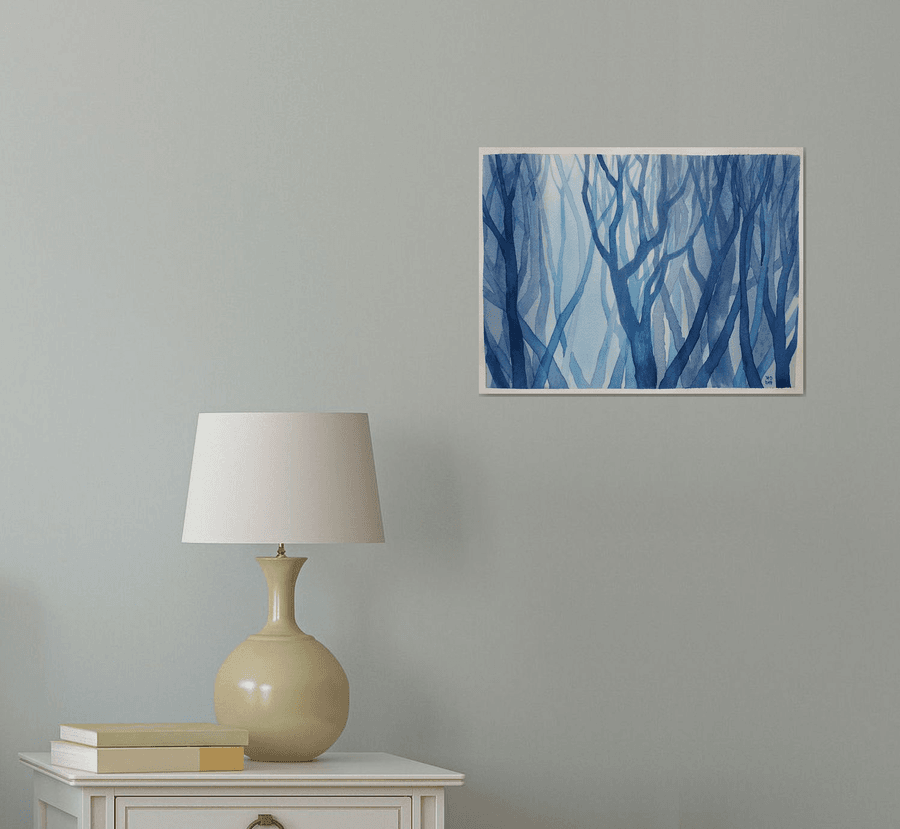 Original Watercolour - Blue Midnight Trees Landscape by Ksenia June