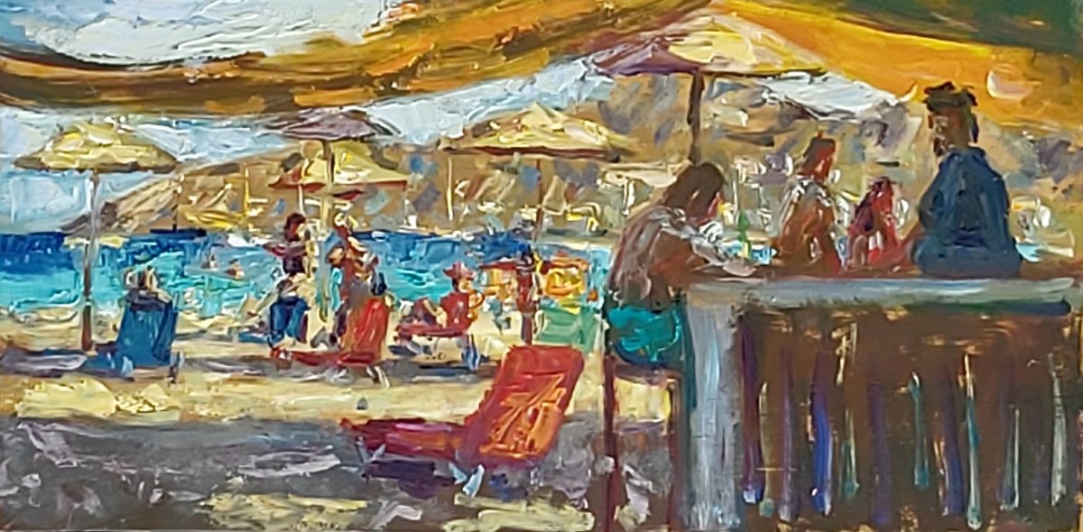 The noisy beach bar Oil painting: Dimitris Voyiazoglou | Artfinder