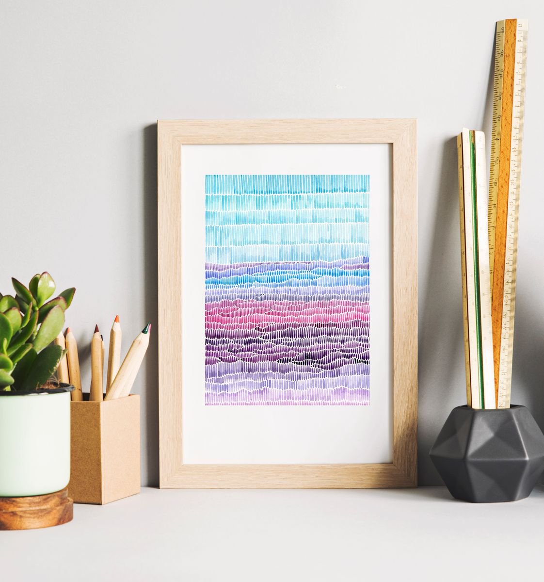 Abstract watercolor landscape of blooming pink and violet fields ...