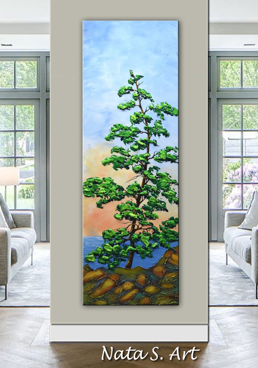 Alone - Original Impasto Pine Tree Painting Acrylic painting: Nataliya ...