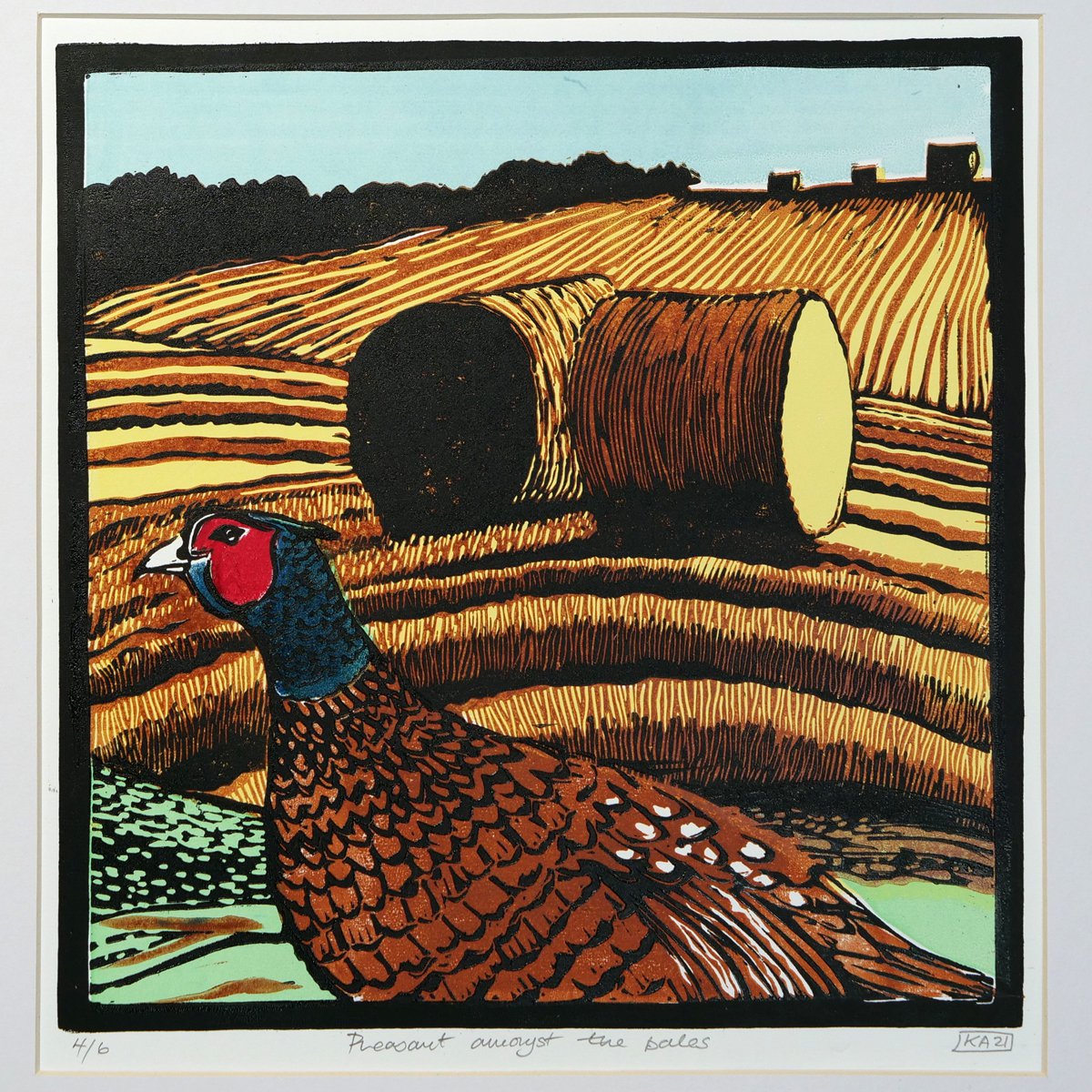 Pheasant amongst the bales Linocut: Keith Alexander | Artfinder