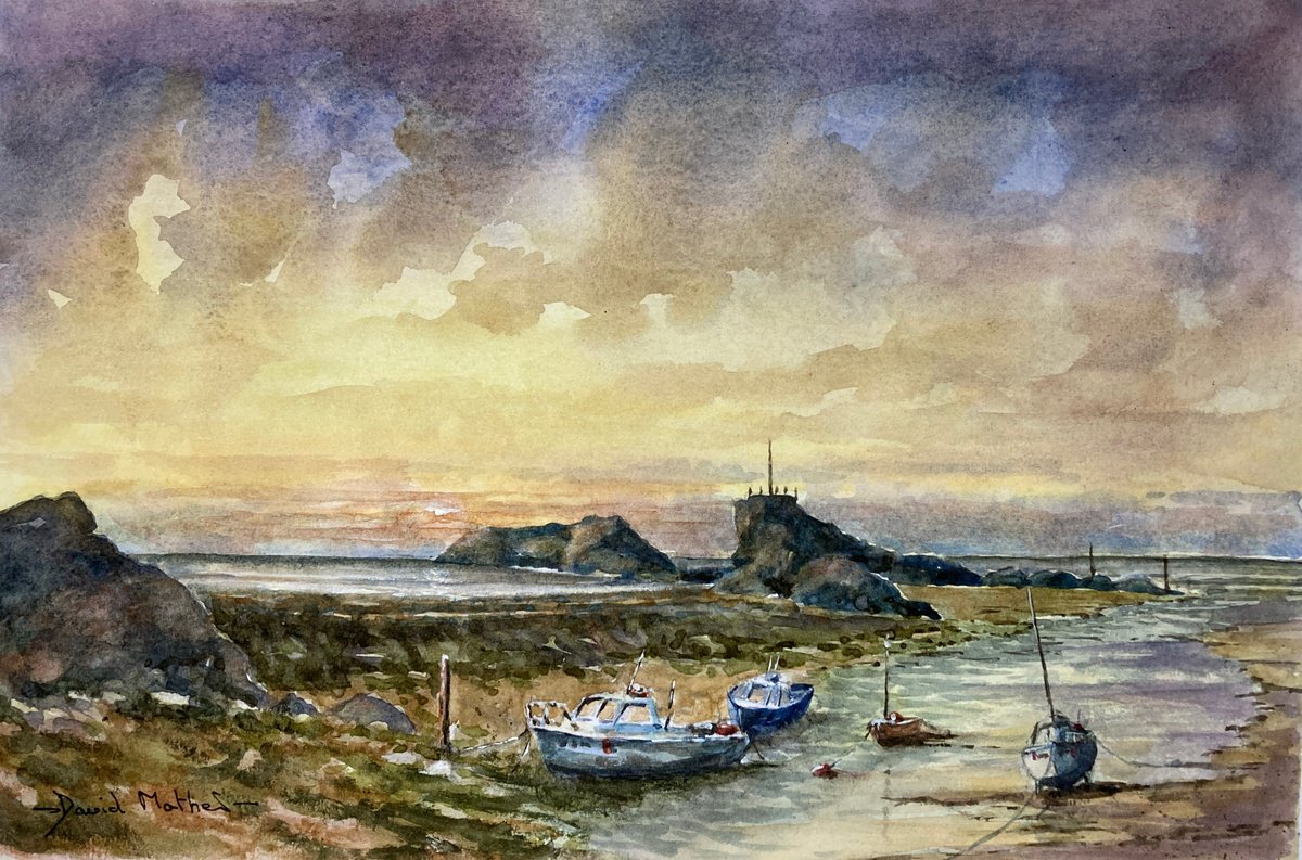 Bude breakwater at sunset Watercolour by David Mather | Artfinder