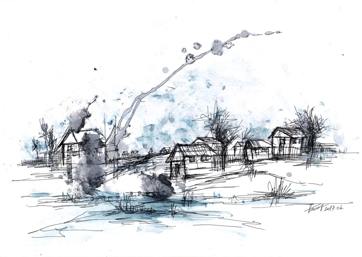 Silent village Ink drawing by Aniko Hencz | Artfinder