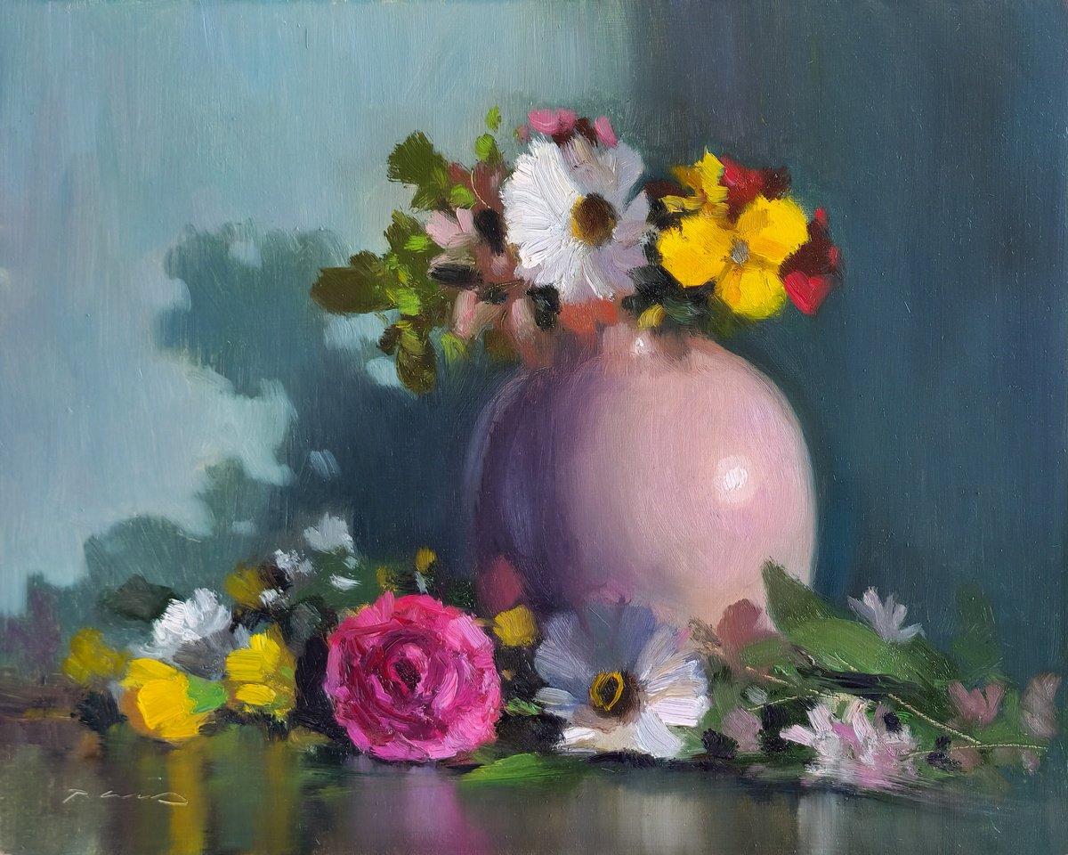 Spring Flowers and a Pink Vase Oil painting by Pascal Giroud | Artfinder
