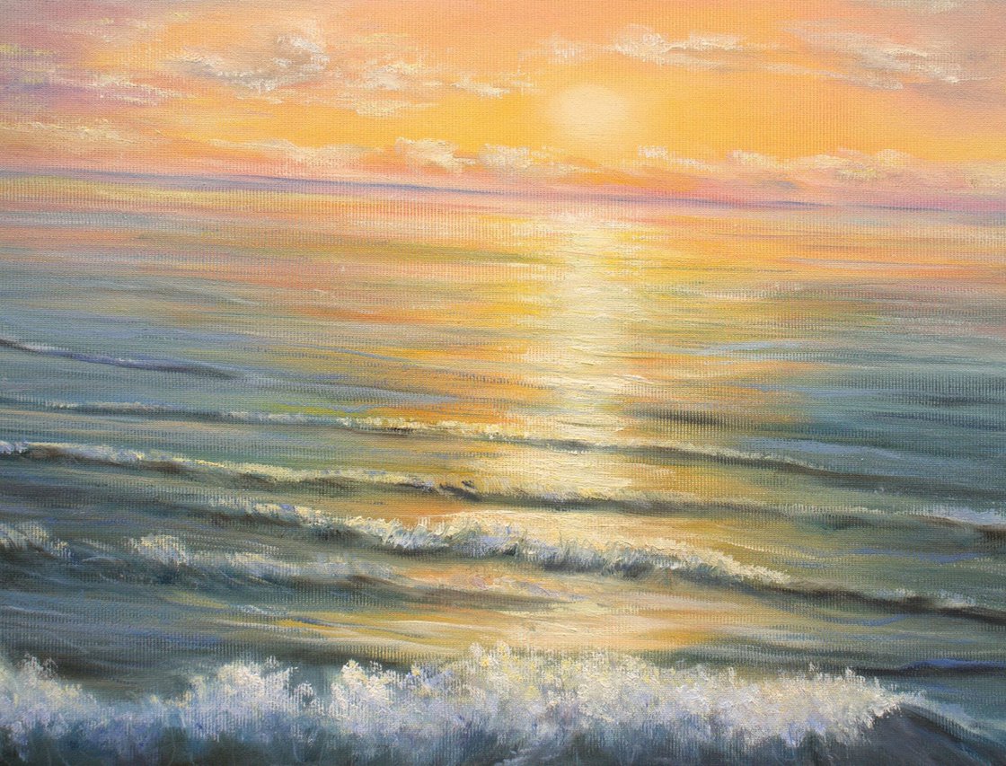 Sunset at the ocean waves Oil painting: Ludmilla Ukrow | Artfinder