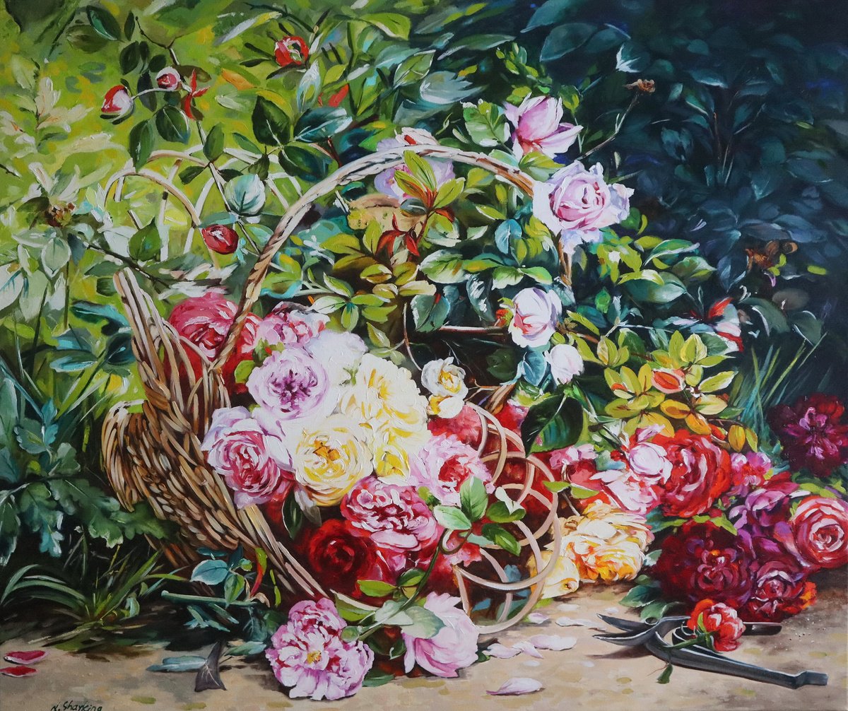 Roses in a Fallen Basket Oil painting by Natalia Shaykina | Artfinder