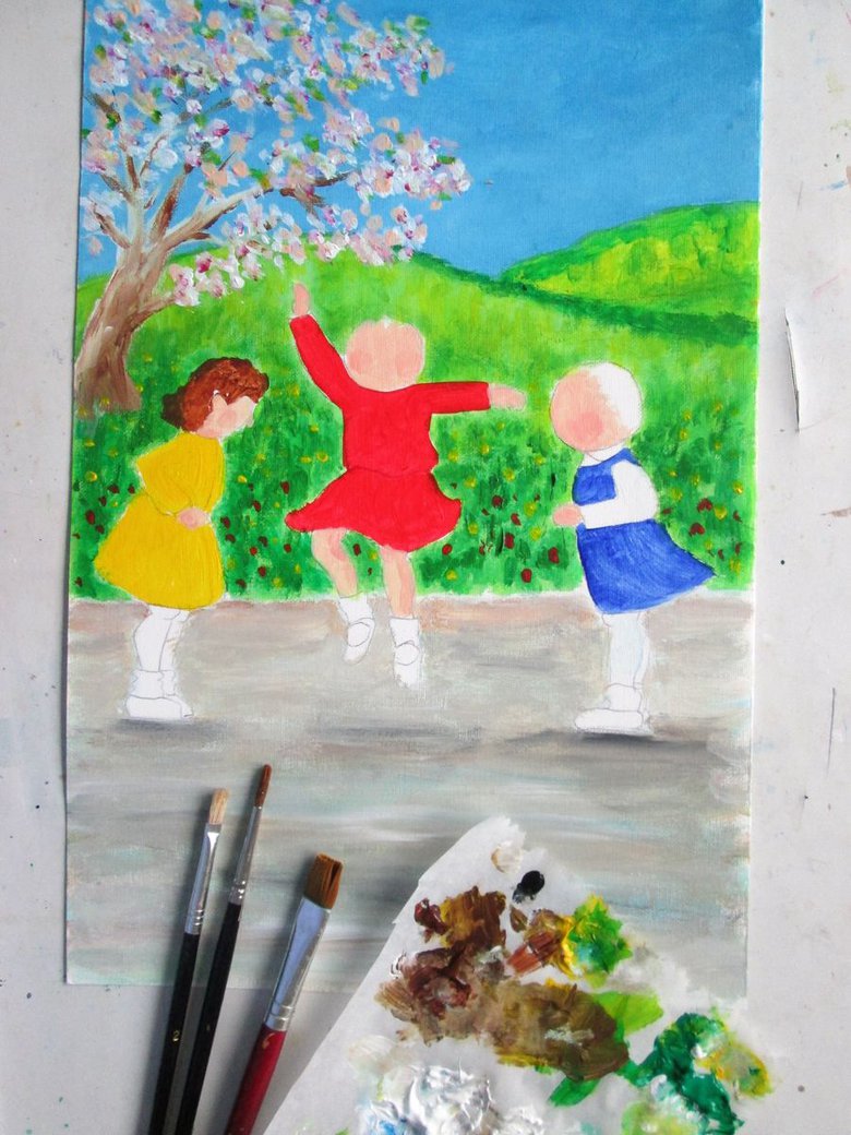 Girls playing in the Spring Acrylic painting: MARJANSART | Artfinder