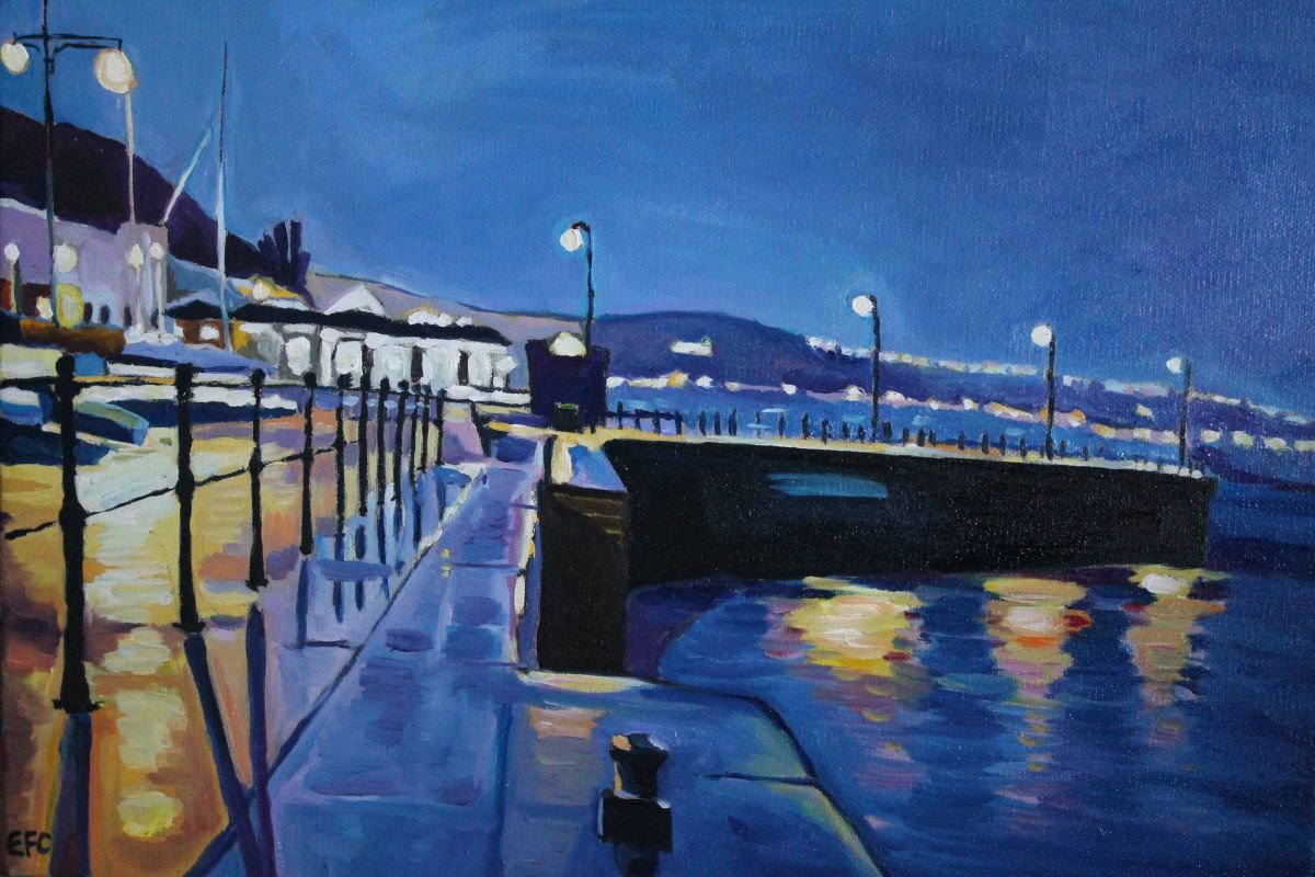 Night Light Falls on Mumbles Oil painting by Emma Cownie | Artfinder