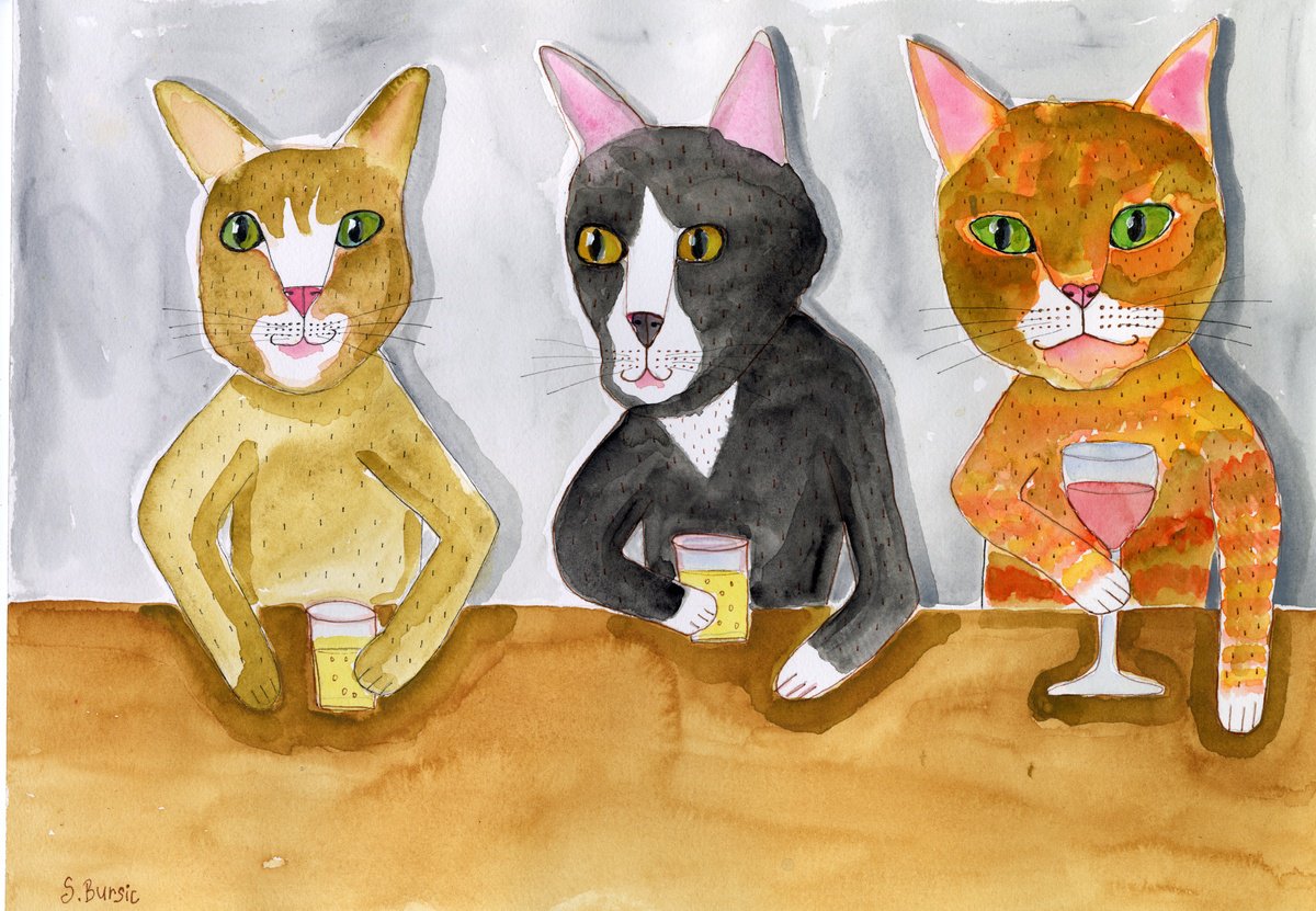 Friday Night Cats at the Bar Watercolour: Sharyn Bursic | Artfinder