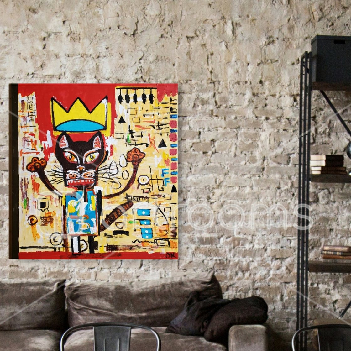 Cat version of painting by Jean-Michel Basquiat "GRILLO" (1984) Acrylic ...