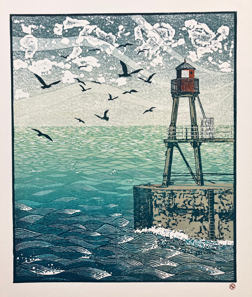 Whitby East Pier (Version 1) Linocut: Susan Noble | Artfinder