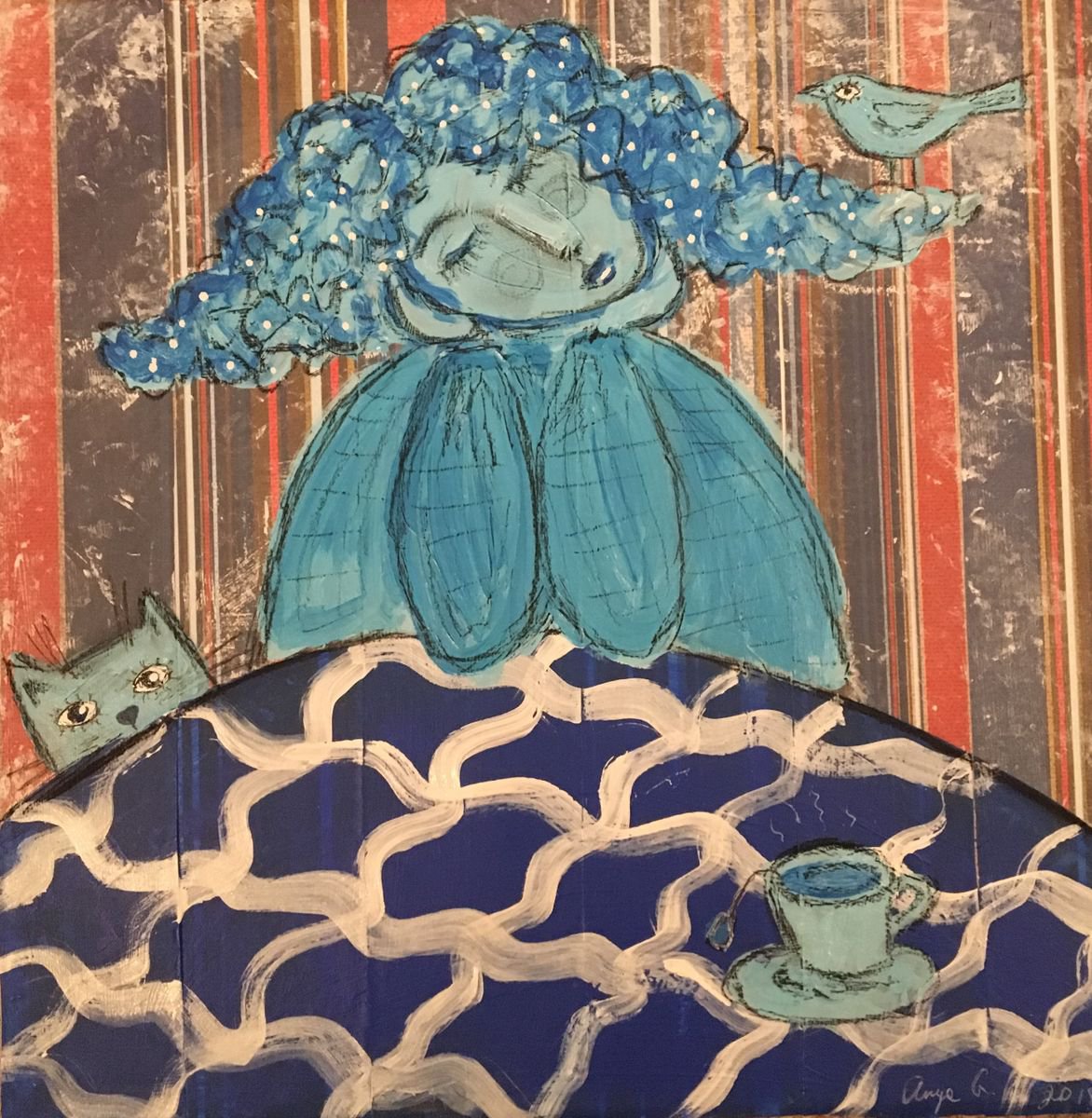 Afternoon tea. Blue abstract Mixed-media painting: Anya Getter