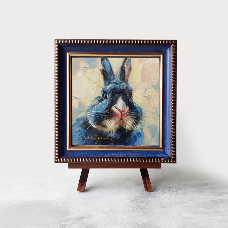 Cute rabbit painting original oil art 10x10 cm, Blue Bunny illustration ...