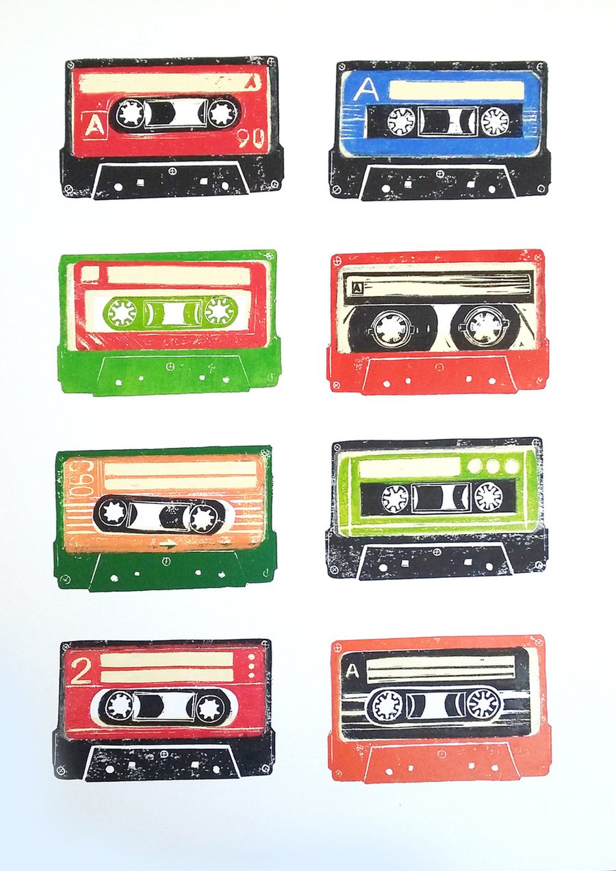 Linocut tapes #42 (cassette tapes, retro music, 70's, 80's rock culture ...