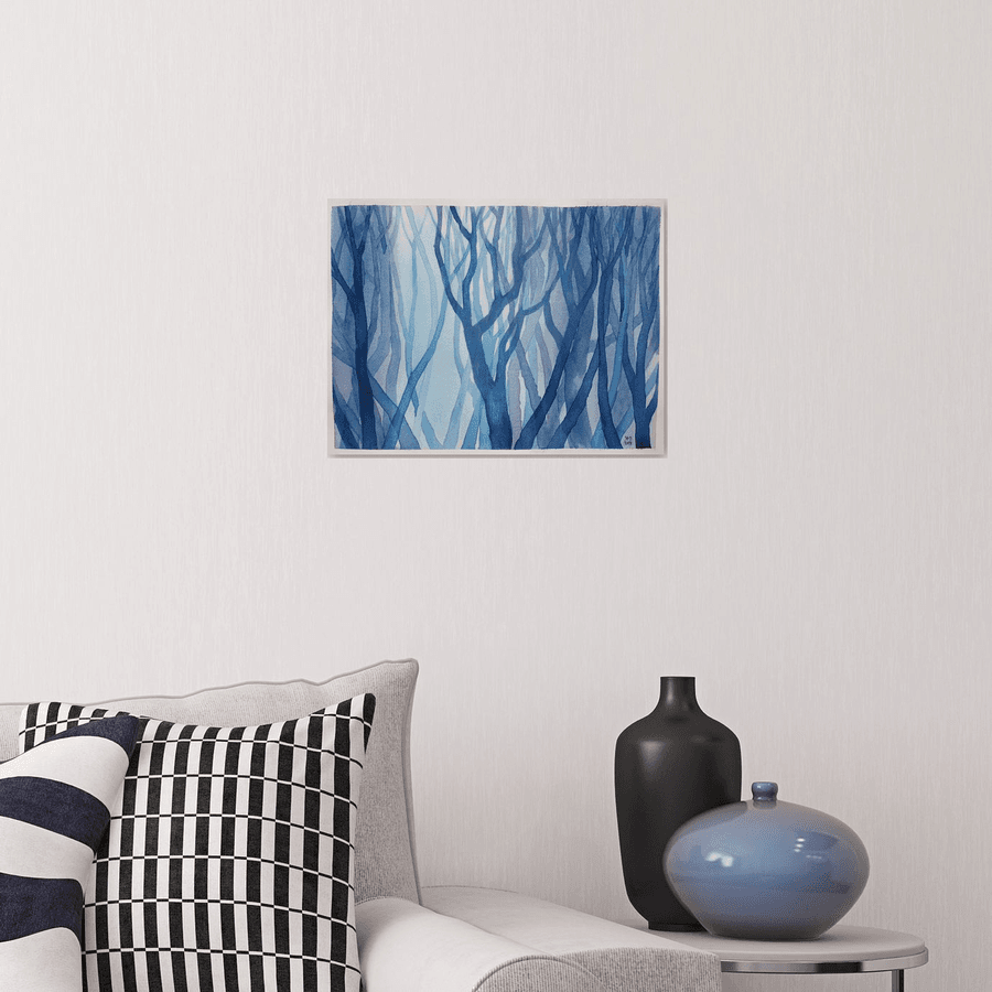 Original Watercolour - Blue Midnight Trees Landscape by Ksenia June