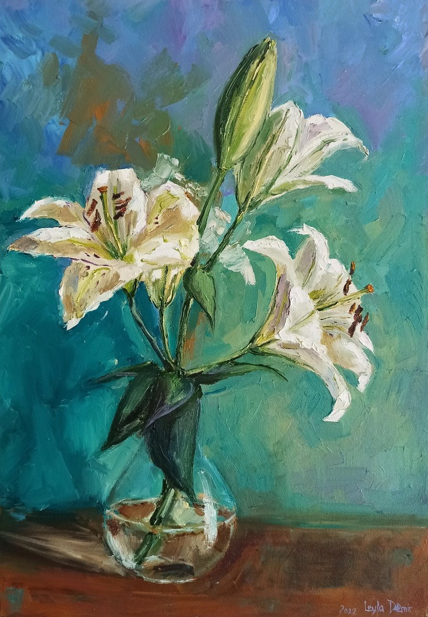 White lilies, Lily bouquet still life Oil painting: Leyla Demir | Artfinder