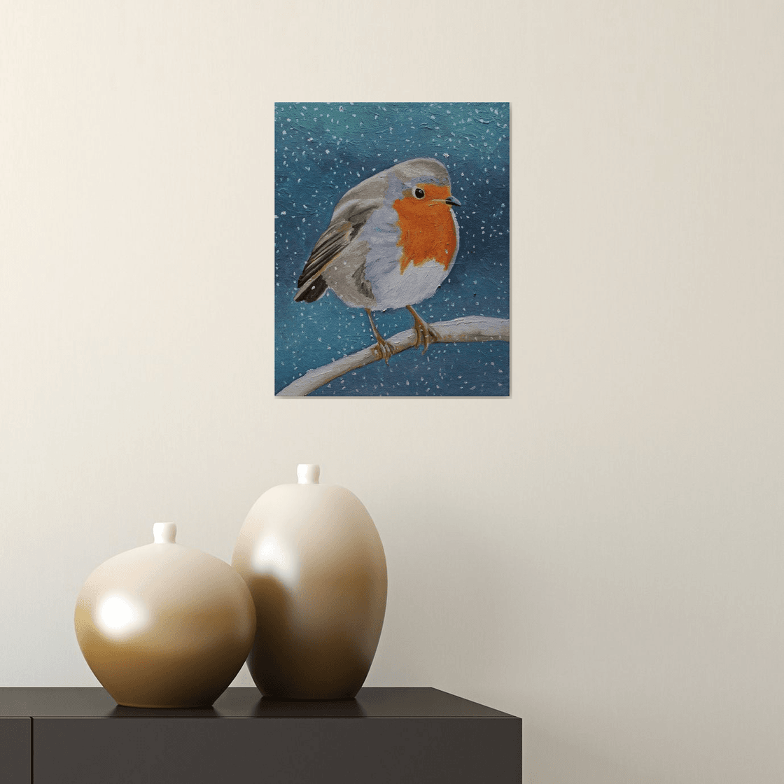 Robin In The Falling Snow Oil painting by Emma Cownie | Artfinder